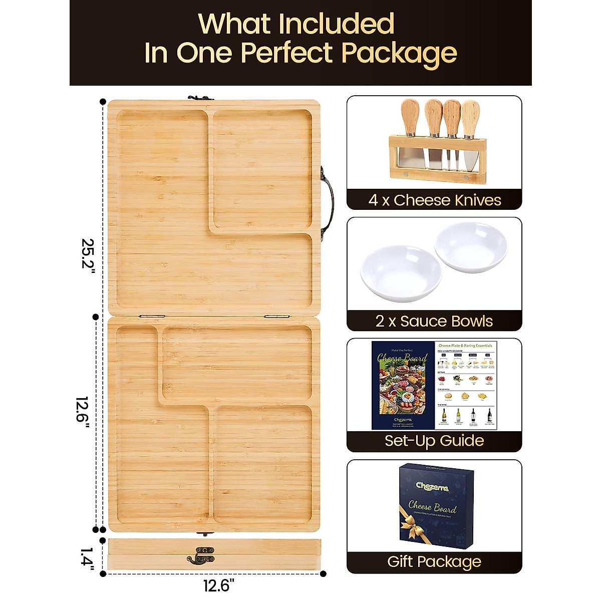 Charcuterie Boards Gift Set, Chezerra Bamboo Cheese Board Set, Folding Cheese Board with Handle, Cheese Knife Set - Unique White Elephant, House Warming, Wedding Gift, Portable Outdoor Cheese Plate