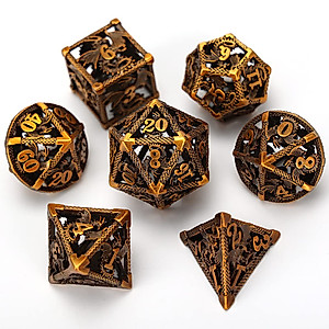 DND Dice Set 7 Pieces, JJDISO Hollow Metal D&D Polyhedral DND Dice for Dungeons and Dragons RPG Steampunk Dragons Role Playing Dice with Gift Box, Ancient Golden D4 D6 D8 D10 D12 D20 Dice Set