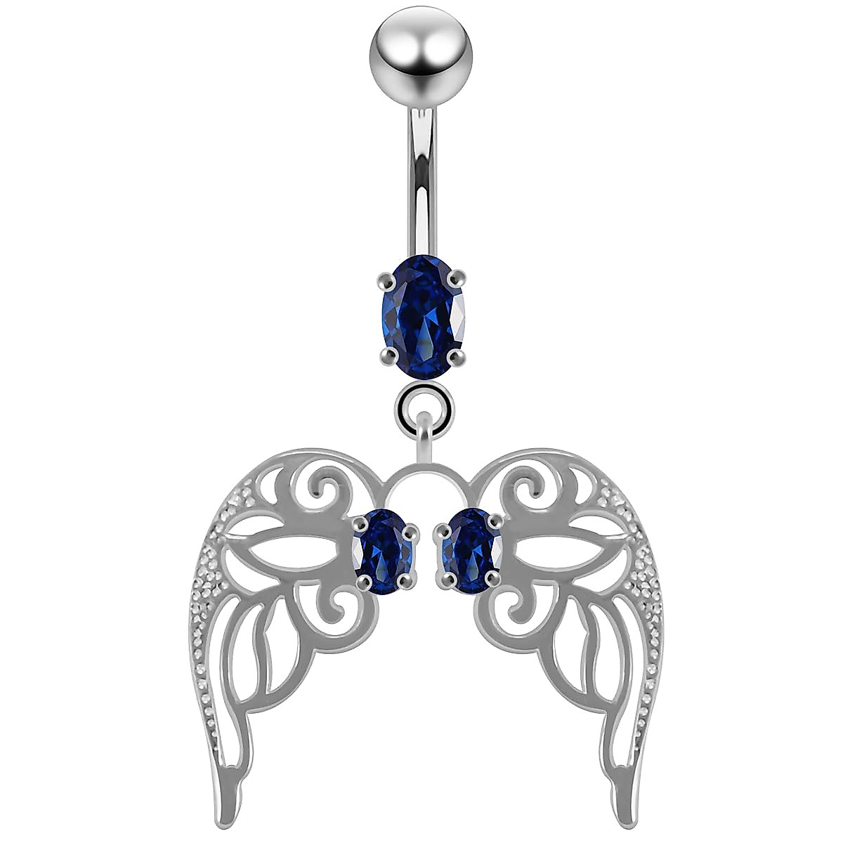 Dark Blue Gemstone Fancy Angel Wings with Floral Dangling Design 925 Sterling Silver with Stainless Steel Belly Button Navel Rings