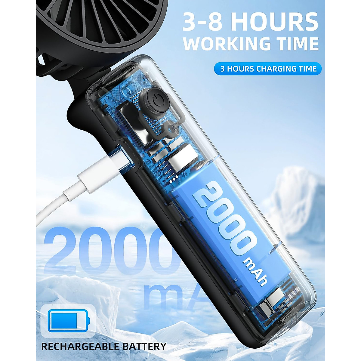 Hssio Portable Handheld Fan, Mini Desk Fan Foldable 2000mAh, 180° Ratotion, 3 Speeds, Ultra Quite, Up to 8H Long Use Time, Small Personal Cooling Fans Makeup Eyelash Fan, Black+Light Blue