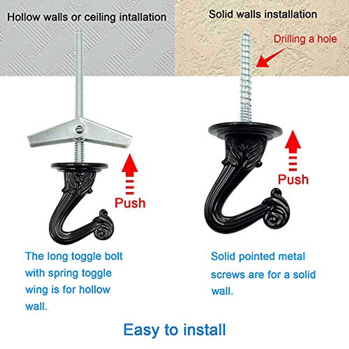 Hxchen 38mm/1.5" Ceiling Hooks - Heavy Duty Swag Hook with Steel Screws Bolts and Toggle Wings for Hanging Plants Ceiling Installation Cavity Wall Fixing Black - (2 Sets)