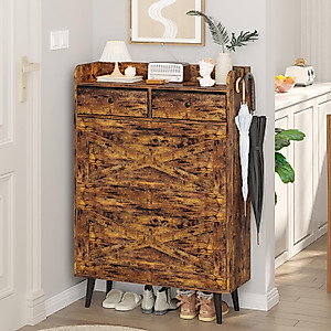 Shoe Cabinet Storage for Entryway, Narrow Shoe Organizer Cabinet with 2 Flip Drawers & 2 Fabric Drawers, Farmhouse Freestanding Big Shoe Storage Cabinet with Robust Legs, Rustic Brown