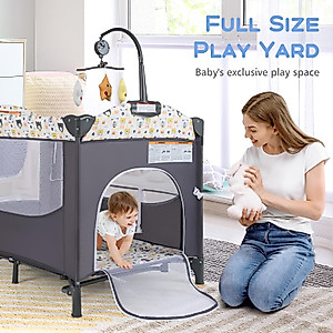 INFANS Pack and Play, 5 in 1 Baby Bedside Sleeper with Bassinet, Diaper Changer, Mattress, Carry Bag, Music Box Hanging Toys, Foldable Bedside Crib, Portable Playard for Newborn Toddlers (Bear)