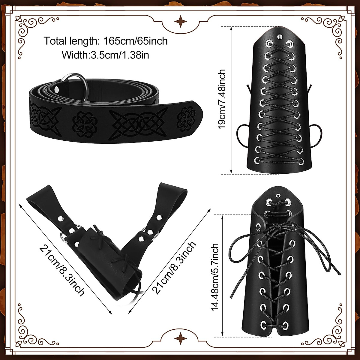 Sweetude 5 Pcs Medieval Belt Renaissance Costume Viking Leather Belt Pouch Arm Guard Potion Bottle (Black,Basic Style)