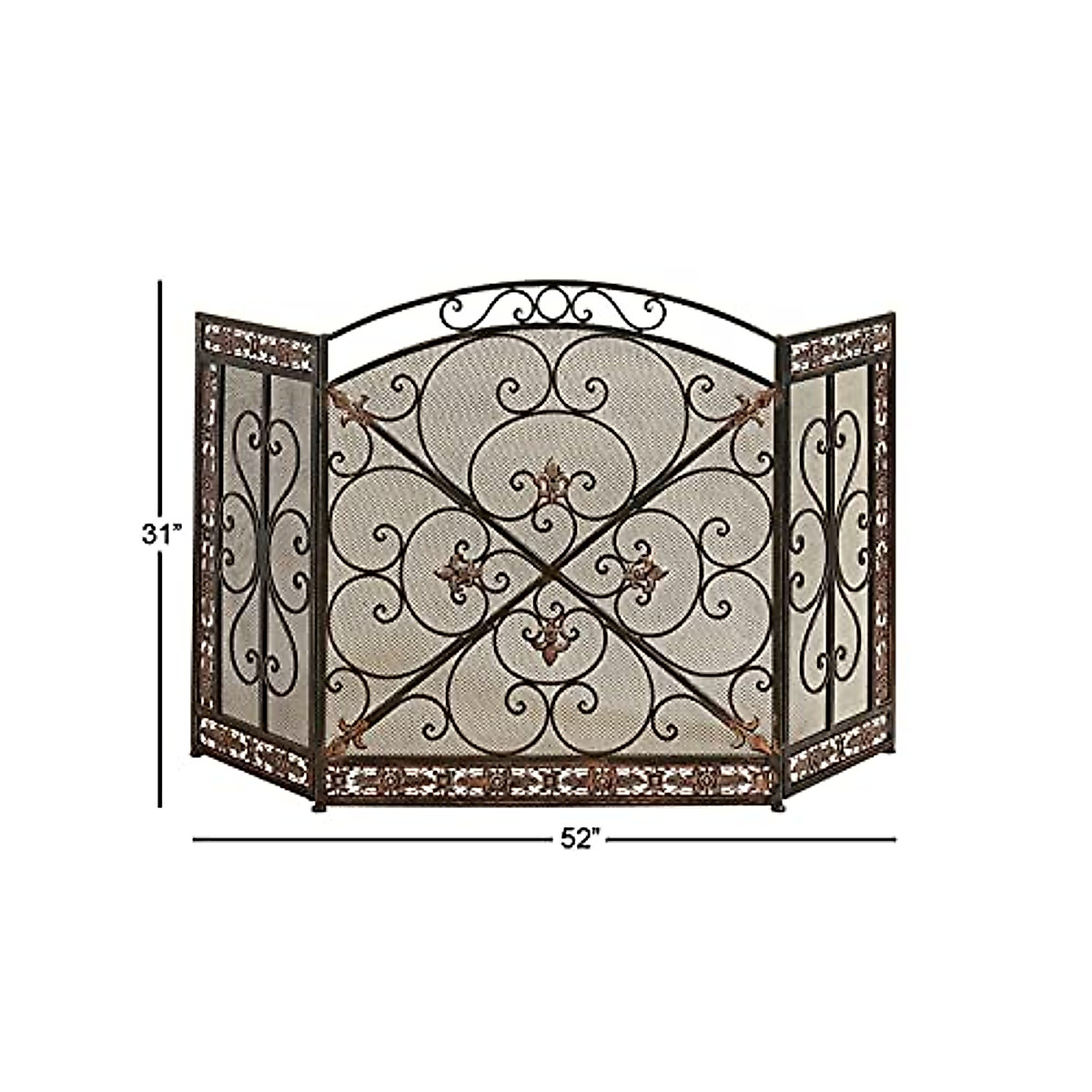 Deco 79 Metal Scroll Fireplace Screen Foldable Arched 3 Panel with Fleur De Lis Accents, 52" x 1" x 31", Black