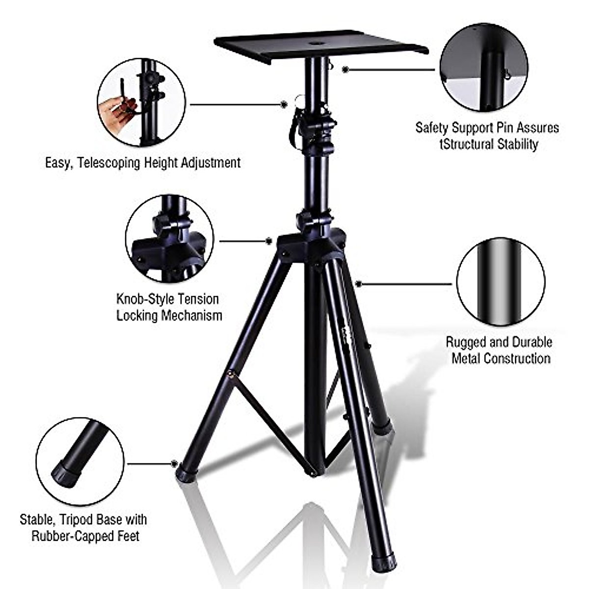 Pyle Dual Studio Monitor 2 Speaker Stand Mount Kit - Heavy Duty Tripod Pair and Height Adjustable from 34" to 53" W/Metal Platform Base - PSTND32, Black