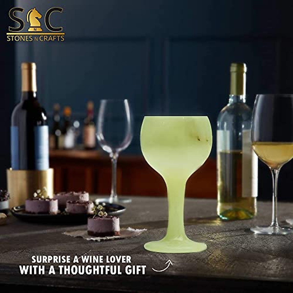 STONES N CRAFTS Marble Wine Glasses Set of 2 Handmade Unique Wine Glasses 5 Ounce - Modern Wine Glasses for Wine Home and Kitchen Décor – Beautiful Onyx Stone Cool Wine Glasses Best for Gifts