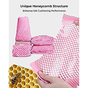 MUNBYN Pink Honeycomb Packing Paper, 15 Inches x 120 Feet Packing Glass Paper, Bubble Wrap for Dishes and Plates, Packing, Moving, with 16 Fragile Stickers and 100ft Twine