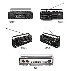 Riptunes Cassette Boombox, Retro Blueooth Boombox, Cassette Player and Recorder, AM/FM/SW-1-SW2 Radio-4-Band Radio, USB, SD, and Aux in, Black