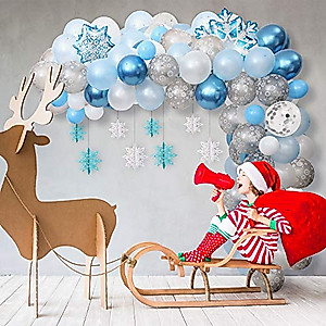 76 Pieces Snowflake Balloon Garland Arch Kit Winter Wonderland Decorations with Clear Silver Blue Paper Snowflake Decor and 100 Pieces Glue for Christmas Xmas Frozen Snow Party Favors Supplies