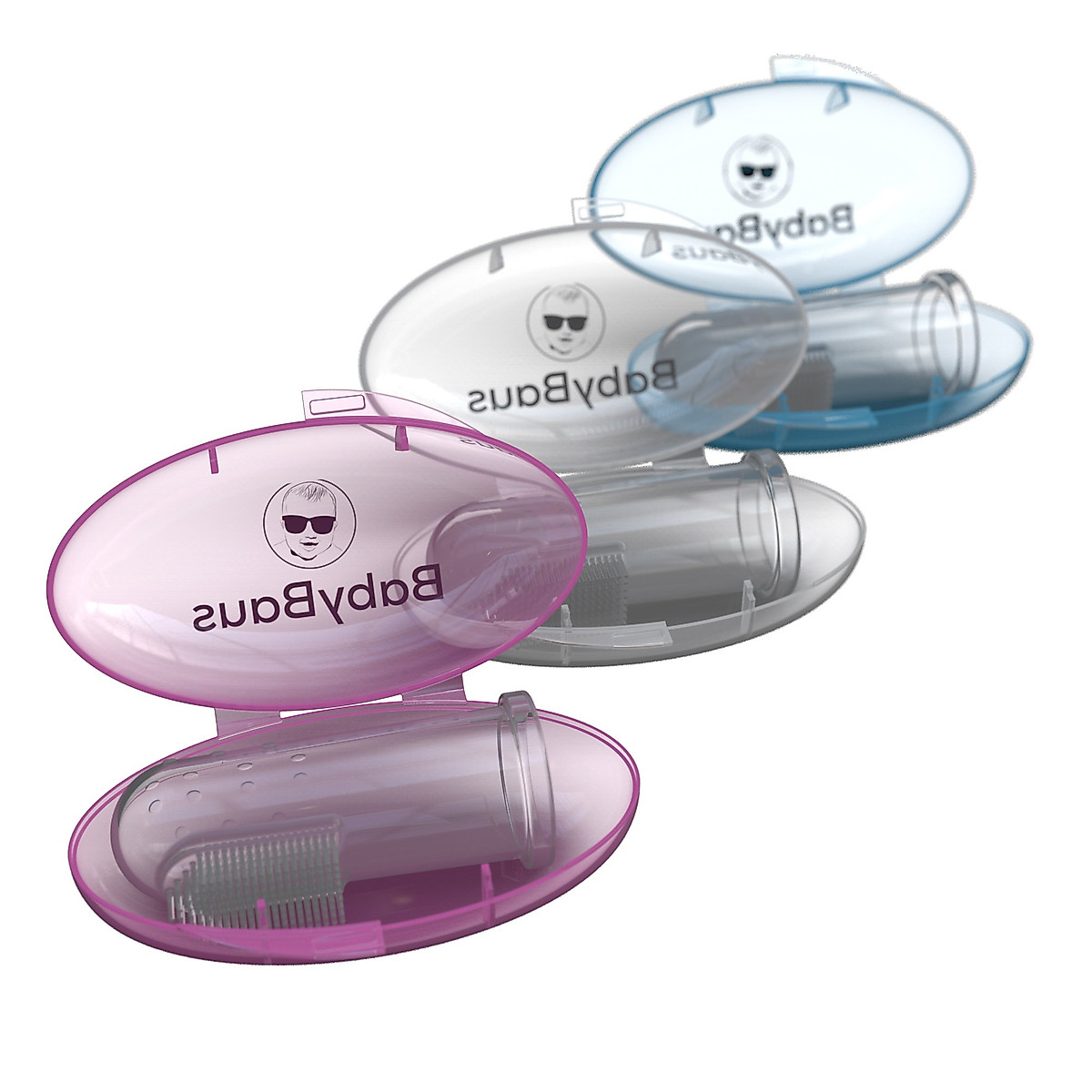 BabyBaus: Baby Finger Toothbrush | Easy Oral Hygiene for Kids, Toddlers, Babies and Pets | Soft, Massaging Bristles, Ergonomic Design – Set of 3, with 3 Cases in Blue, Pink, Clear