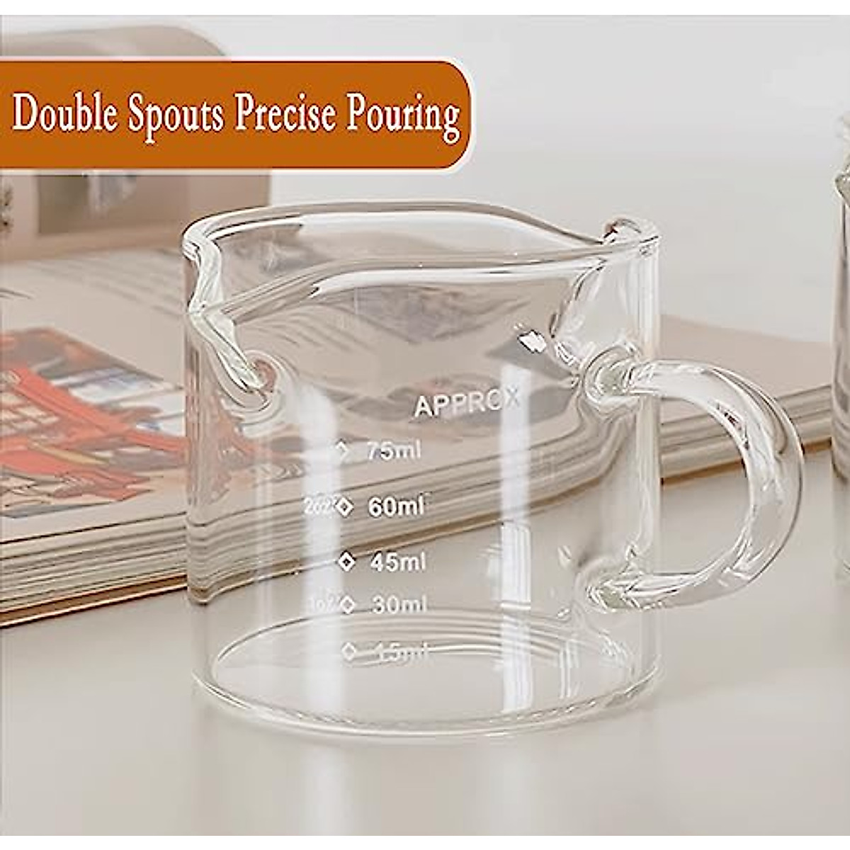 Double Spouts Measuring Coffee Milk Cup 75ML Espresso Shot Glass Espresso Accessories with Handle for Barista Coffee Espresso Making (1 Pack)