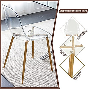 Glass Dining Table Set for 4, 51 inch Dining Table & Chair Sets with Light Wood Metal Legs for Kitchen, Modern Rectangle Tempered Glass Table Top and Transparent Plastic Dining Chair for Dining Room