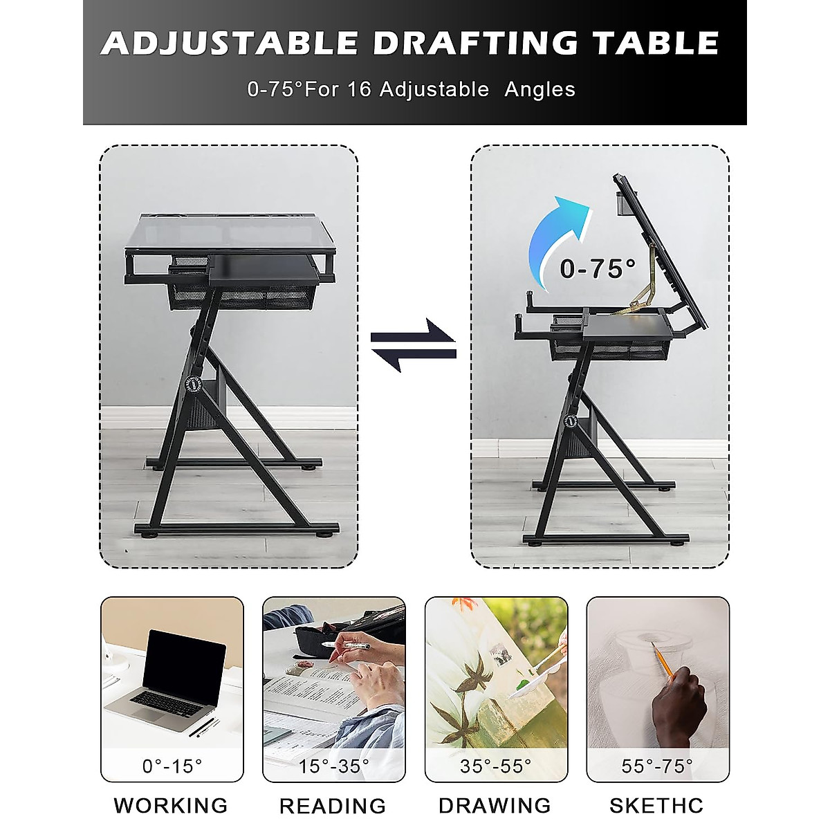 LifeSky Adjustable Drafting Table for Artists - Drawing Table with Storage for Artwork - Glass Art Desk with Drawers for Artists Painters Illustrators Cartoonists