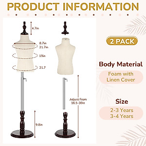 Thyle 2 Pcs Kids Body Bust Dress Form 2-3 Years Wood Adjustable Metal Dress Mannequin with Stand for Toddler Child Sewing Jewelry Display