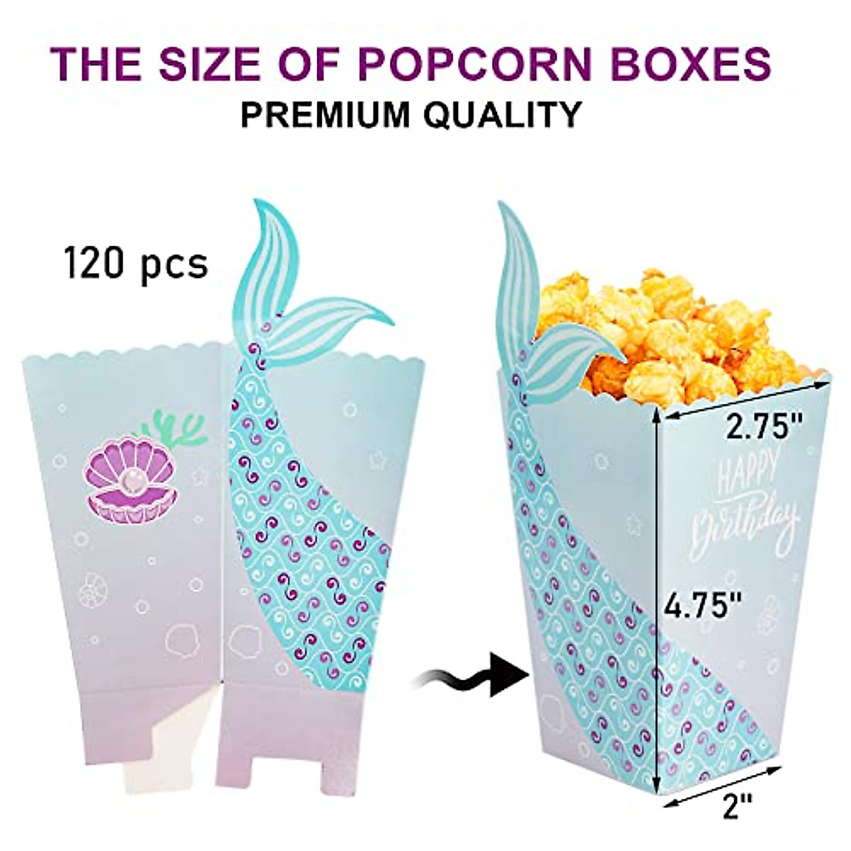Yesland 120 Pcs Popcorn Boxes, 4.75 Inches Tall Mini Blue Mermaid Popcorn Containers Boxes Open-Top Paper Popcorn Bags Individual Servings for Movie Theater Night, Carnival, Girl's Birthday