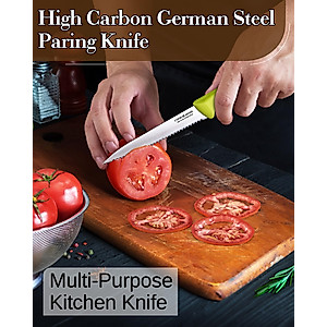 Cook N Home Paring Knife Set 4-Piece, High Carbon German Stainless Steel Kitchen Knives, Includes-Utility, Paring, Vegetable, Peeling Knife, Ergonomic Handle, Green