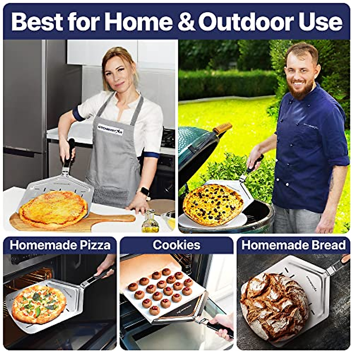 KitchenStar Perforated Stainless Steel Pizza Peel with Folding Handle (13 x 16.5 Inches) for Oven Pizza Turning, Placement and Retrieving - Professional Baking Tools Series