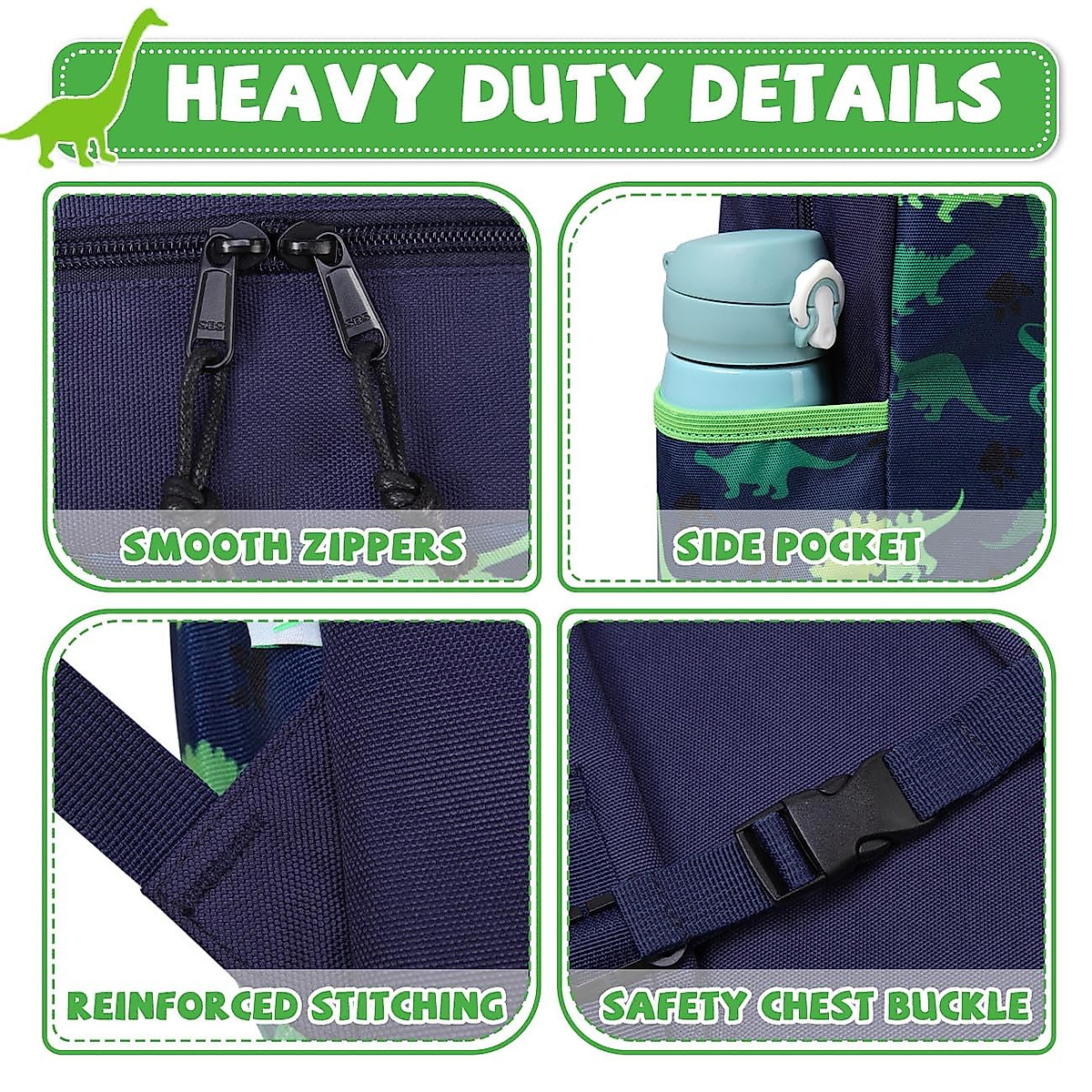 VASCHY Dinosaur Toddler Backpacks, Cute Water Resistant Little Boys Girls Backpack Chest Strap for Kindergarten,Rucksack Schoolbag Bookbag for Kids Green