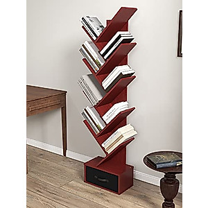 Panana Tree Bookshelf with Drawer, 8-Tier Wooden Storage Rack Wisdom Tree Book Holder Bookshelves Organizer for Living Room, Bedroom, Home Office (Cherry)