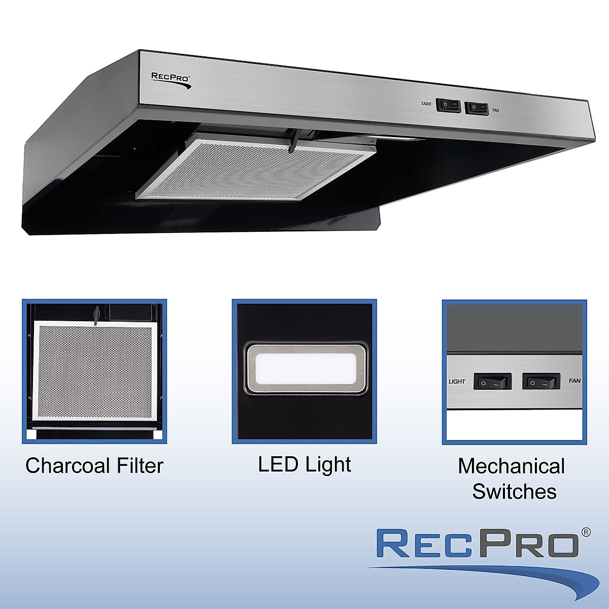 RecPro RV Stove Range Hood Vent | 22" Stainless | Low Profile | 12V | Charcoal Filter