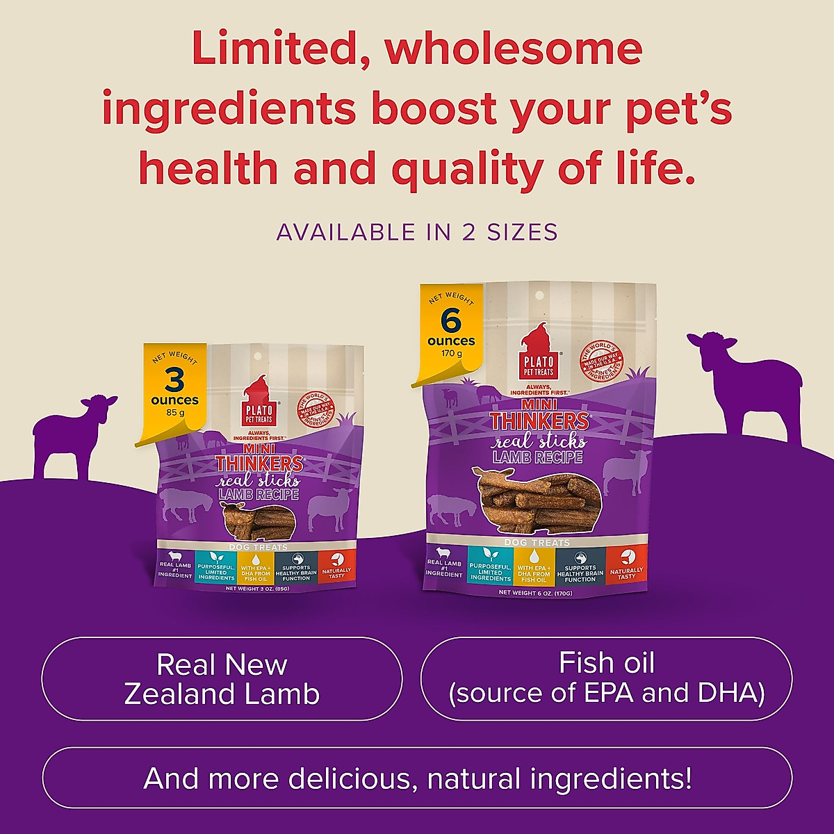 Plato Pet Treats Air Dried Dog Treats Lamb Mini Thinkers Sticks, Natural Dog Treats, Real Meat, Air Dried, Made in the USA, 6oz