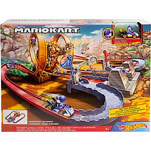 Hot Wheels Mario Kart Bowser’s Castle Chaos Modular Track with Side by Side Racing Lap Flags and Bowser Figure Connects to Other Sets Gift idea for Ages 3 Years and Older