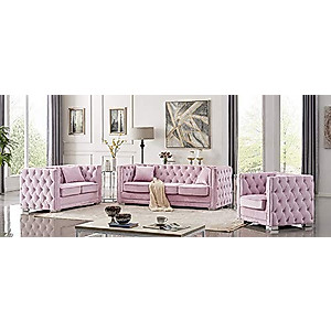 Iconic Home Christophe Sofa Velvet Upholstered Button Tufted Nailhead Trim Shelter Arm Design Silver Tone Metal Block Legs Modern Transitional, Pink