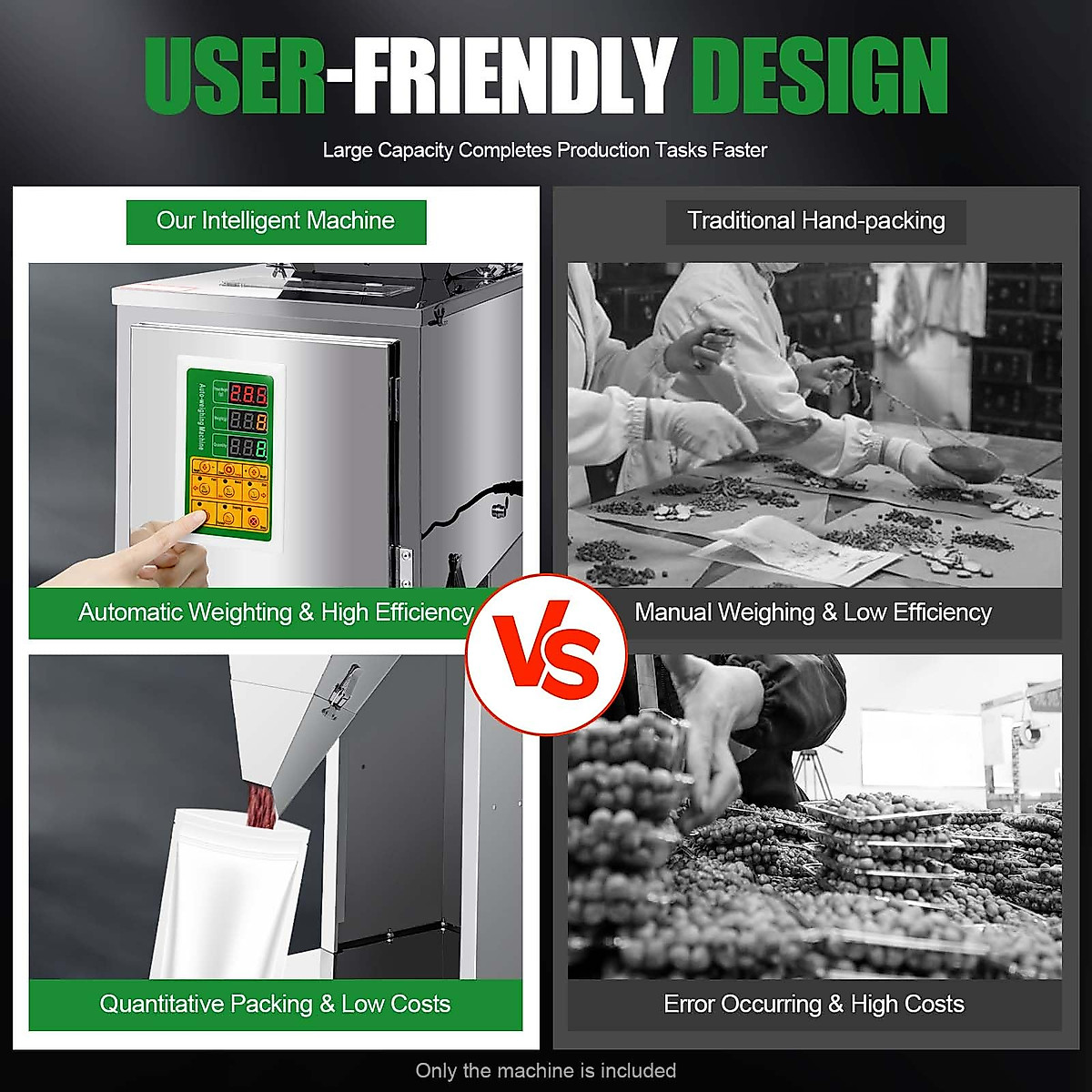 JAYGOVAN 10-999g Particle Filling Machine Automatic Filler Machine Stainless Steel Weighing Filling Machine with Foot Pedal 8 Speed Adjustable Powder Filler Particle Dispenser for Tea Seeds Grains