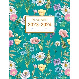 Planner June 2023-2024 May: 8.5 x 11 Large Notebook Organizer with Hourly Time Slots | Herb Wildflower Garden Design Teal