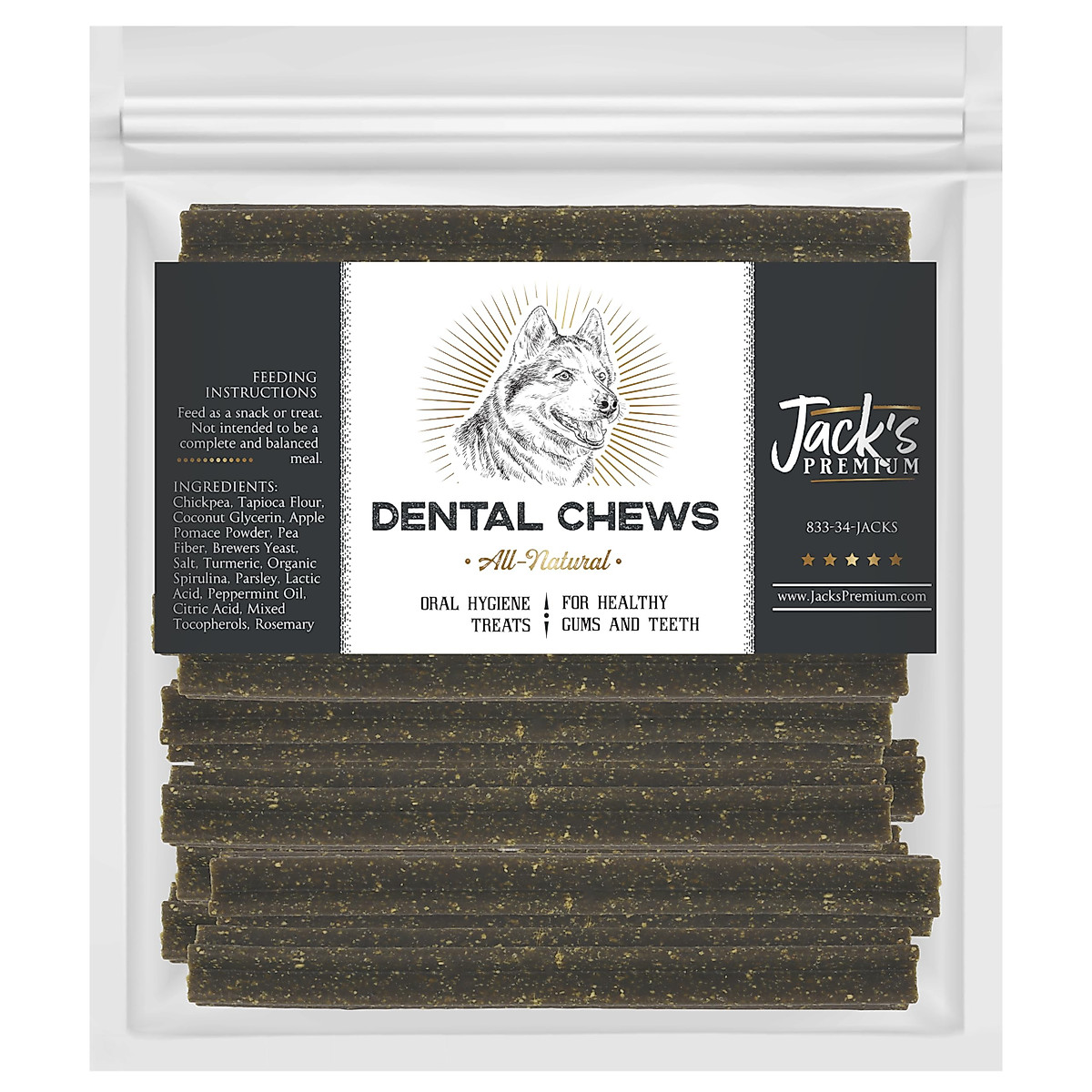 Jack's Premium Dental Treats for Dogs- Natural Chew for Dental Support & Tartar Control- Grain Free Functional Treat with Organic Spirulina, Peppermint, (24 Sticks)