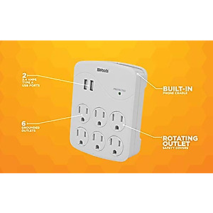 Woods 41079 Surge Protector with 6 Outlets and 2 USB Type A Ports with 1000J of Protection, White
