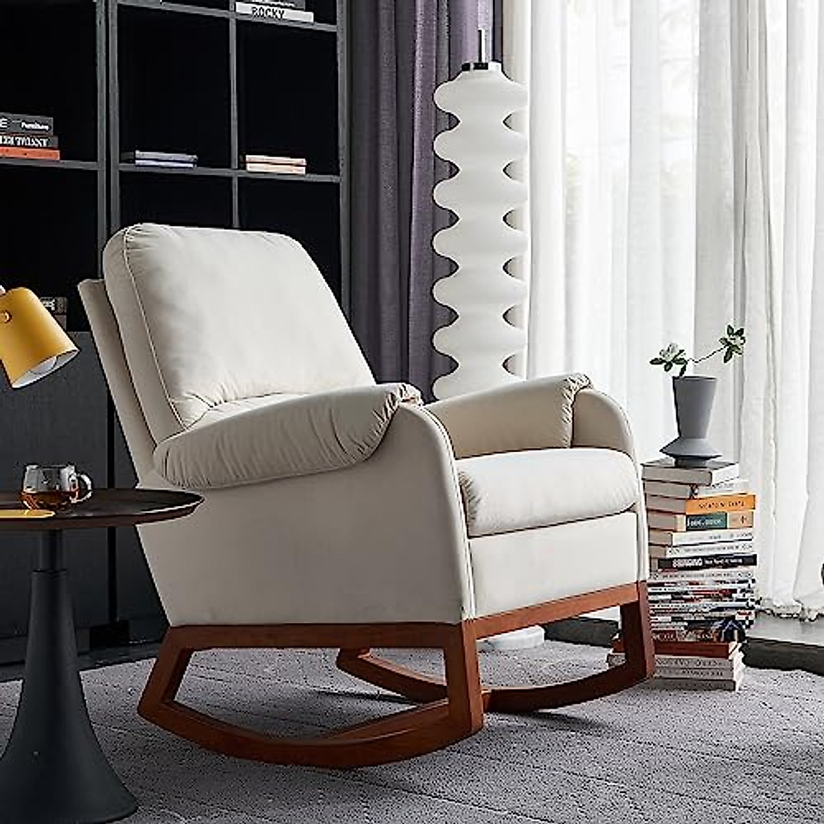 CALABASH Rocking Chair Nursery,Modern Comfy Armchair with Side Pocket,Mid-Century Upholstered Glider Rocker Chairs for Baby/Kids Room and Living Room (White Beige)