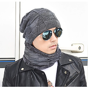 2 Pieces Winter Beanie Hat Scarf Set Thick Warm Knit Fleece Lined Skull Cap Scarves Gifts for Men,Y-Gray
