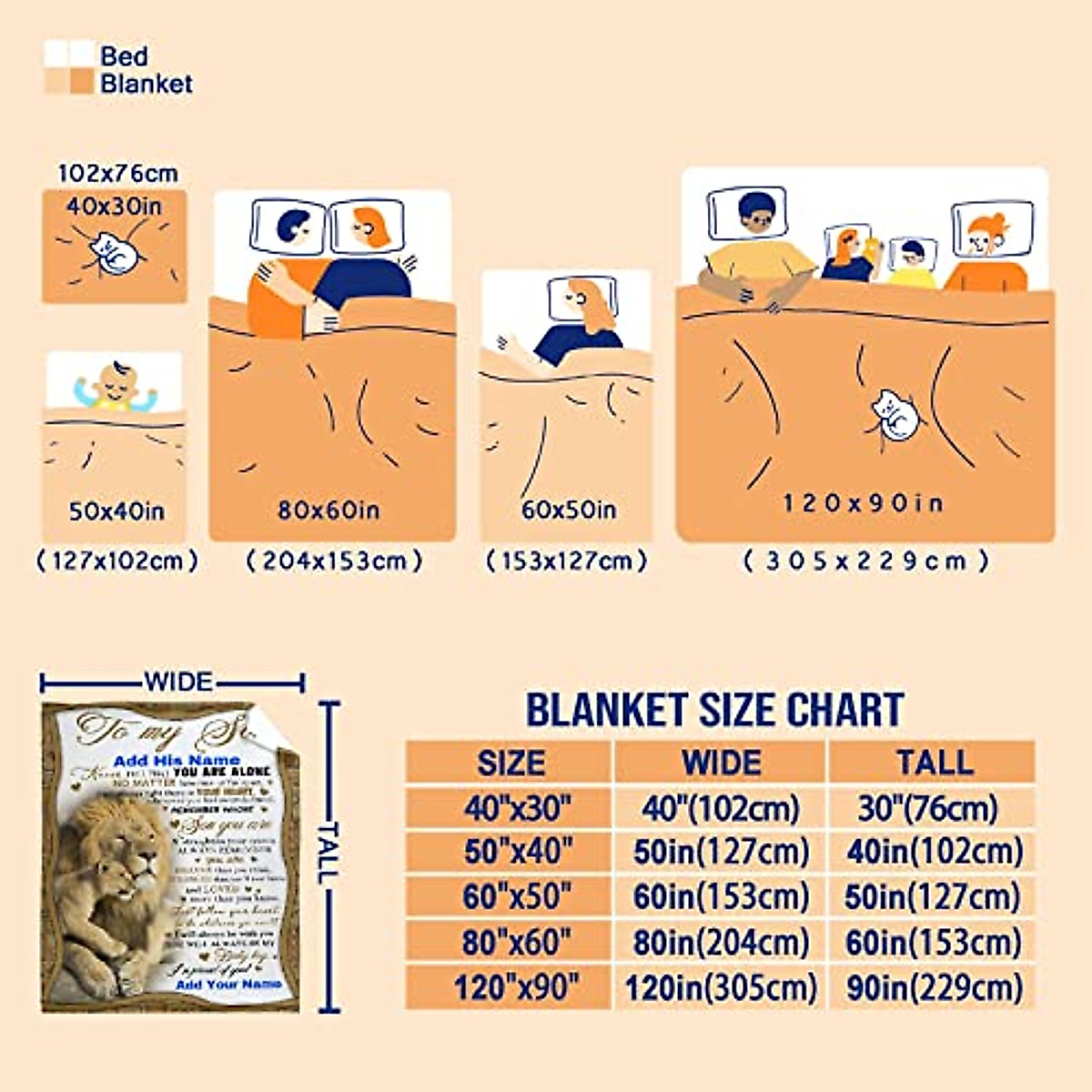 Personalized to My Son Blanket from Mom Dad 60x80 Inches Lightweight Flannel Throws Custom Name Gift for Boy Men Super Soft Comfy Lion Blankets Birthday Christmas Decor Couch Sofa