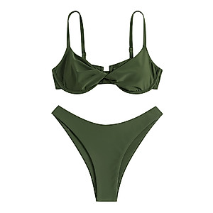 ZAFUL Women's Twist Front Bikini Sets Underwire Tie Back Bikini High Waisted Two Piece Swimsuit (1-Olive Green, M)