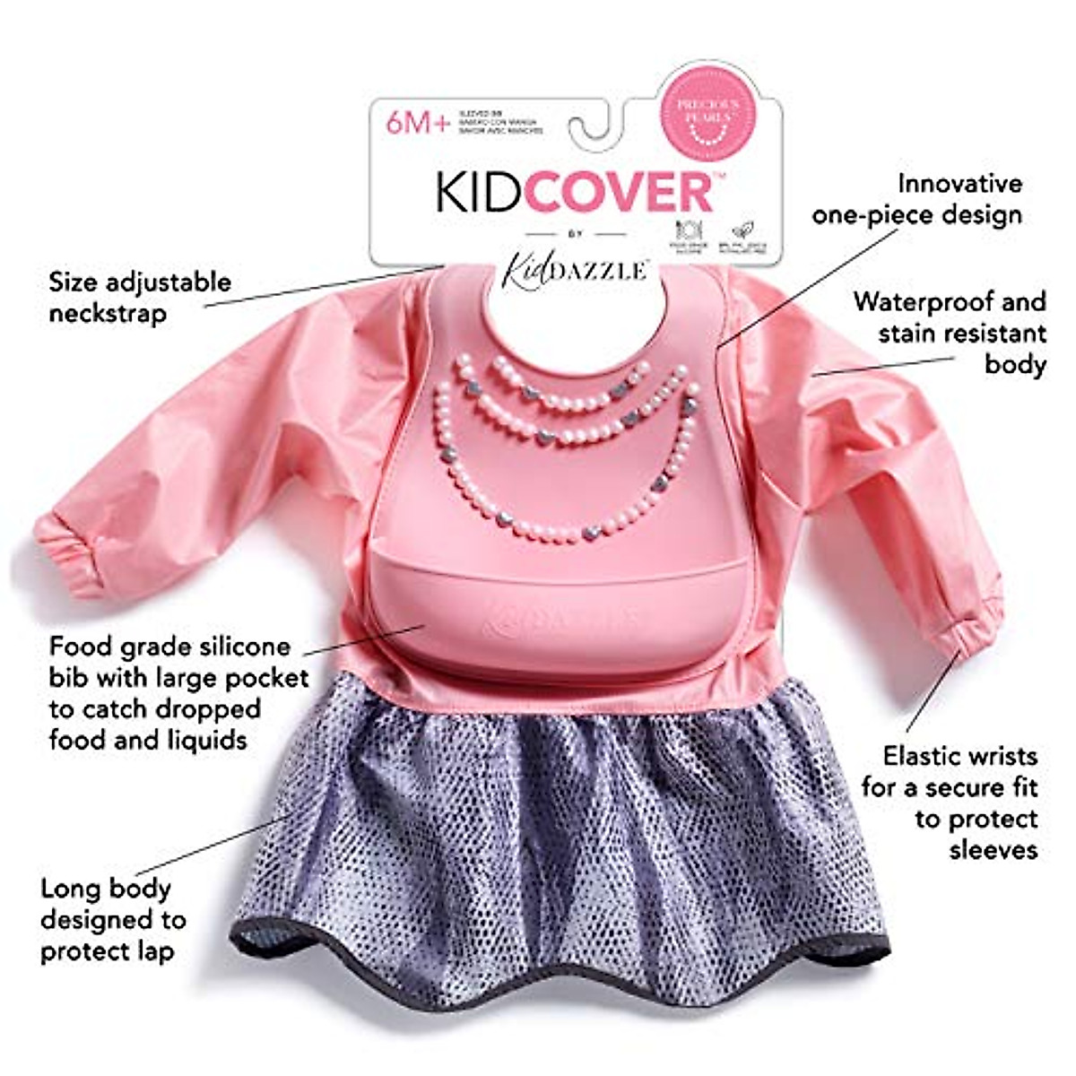 KidDazzle PRECIOUS PEARLS SLEEVED KIDCOVER - Pink Baby Girl Silicone Smock Bib, Adjustable Size, Waterproof & Stain Resistant, Infants & Toddlers 6 months +