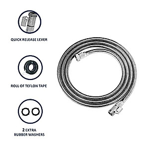 Morvat Heavy Duty 10 Foot Stainless Steel Garden Hose with All Brass Shut-Off Valve, Kink and Tangle Free, Crush and Puncture Resistant, Includes Roll of Teflon Tape and Extra Washers