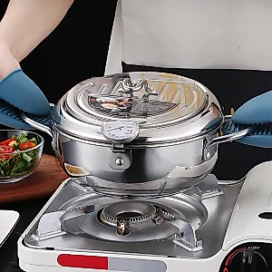 Deep Fryer Pot 304 Stainless Steel Japanese Frying Pot 3.4L/9.4 Inch Tempura Frying Pot with Lid, with Temperature Control Oil Drip Drainer Rack for Fried Chicken, Shrimp, French Chips dip