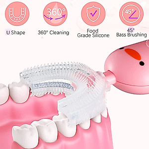 AMZVIO 2Pack U shaped toothbrush kids,Toddler Toothbrush 4PCS Replaceable Silicone Food Grade Brush Heads,Childrens Whole Full Mouth Tooth Brush for Kids Toothbrushes Age 2-8(Pink+Green)