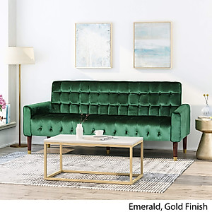 Christopher Knight Home Adan Tufted Velvet Sofa Tipped Tapered Legs, Emerald and Gold Finish