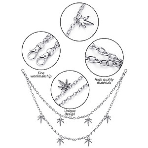 5 Pieces Chain Belt Jeans Pants Chain Pocket Waist Chain Multi-Layer Hip Hop Metal Wallet Chain for Men Women (Leaf,Silver)