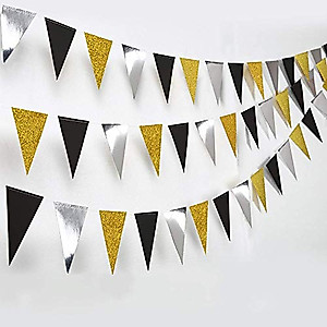 Decor365 Gold Black Silver Vingage Triangle Flag Banner for Graduation Party Decorations Hanging Flag Decoration for Wedding/Birthday/Anniversary/Xmas Dance Prom Party Decor
