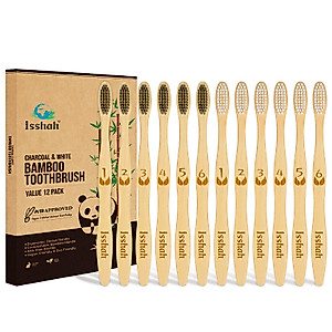 Isshah Biodegradable Eco-Friendly Natural Bamboo Charcoal Toothbrushes, FSC Certified and PETA Approved - 12 Count