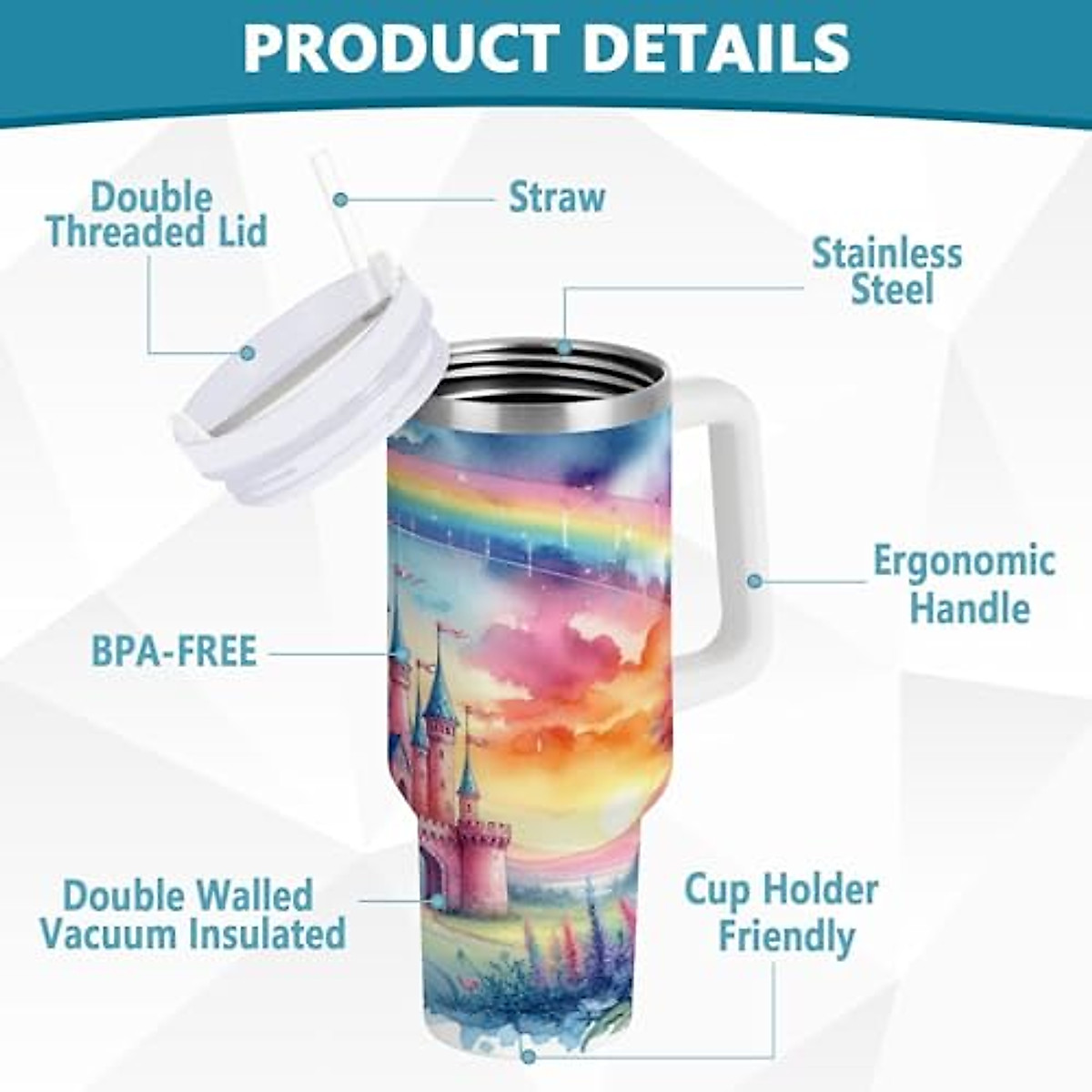 Jihqo Watercolor Fairy Castle 40 oz Stainless Steel Vacuum Insulated Tumbler with Handle and Straw Lid, Leakproof Water Bottle Double Wall Travel Mug Coffee Cup, Cupholder Friendly