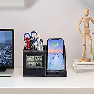 Pen Holder, Pen Organizer for Desk with Wireless Charger, Digital Indoor Thermometer and Humidity Gauge, Desk Organizers and Storage, Multifunctional Home Office Organizers for Desk (Battery Included)
