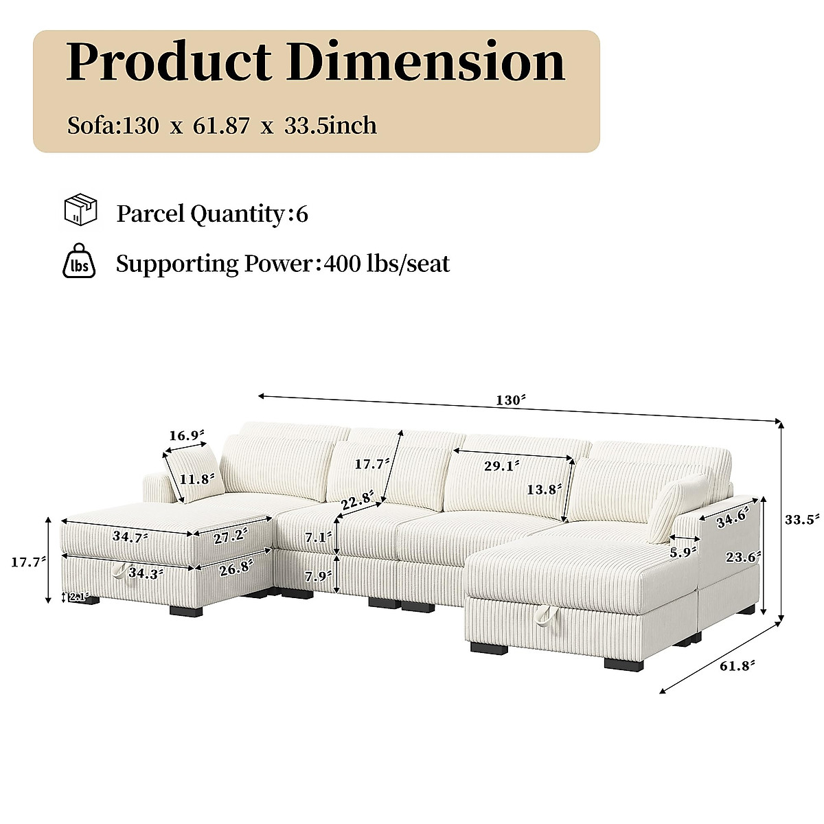 Nynsley 130 Inch Sectional Couches for Living Room,6 Seater Lounge Sofa with 2 Ottoman,Corduroy Cloud Couch with 6 Pillows,Oversized U Shaped Modular Sectional Sofa for Apartment Office Hotel Beige