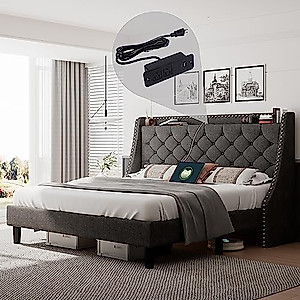 Feonase King Size Bed Frame with Type-C & USB Charging Station, Upholstered Platform Bed Frame with Huge Wingback & Storage Headboard, Solid Wood Slats, No Box Spring Needed, Easy Assemble, Dark Gray