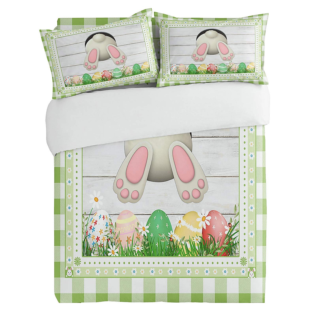 Easter Queen 3 Pieces Duvet Cover Set,Bunny Tail Egg Super Soft Breathable Bedding Sheet,Flower Green Plaid White Plank Machine Washable Quilt Covers and Pillow Cases Bed Sets for Bedroom Guest Room