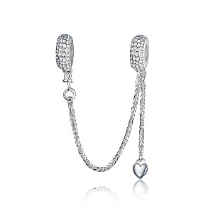 ARTCHARM Heart Safety Chain Charm 925 Sterling Silver Beads fit European Charms Bracelet & Necklace (Love Safety chain)